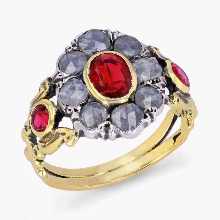 Georgian Ruby & Diamond Floral Cluster Ring 0.45ct in 18ct Yellow Gold ...
